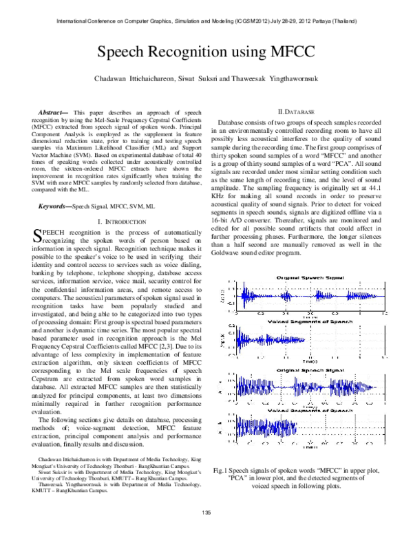 Pdf Speech Recognition Using Mfcc