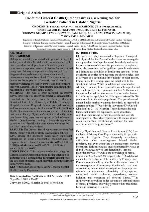 (PDF) Use of the General Health Questionnaire as a screening tool for ...