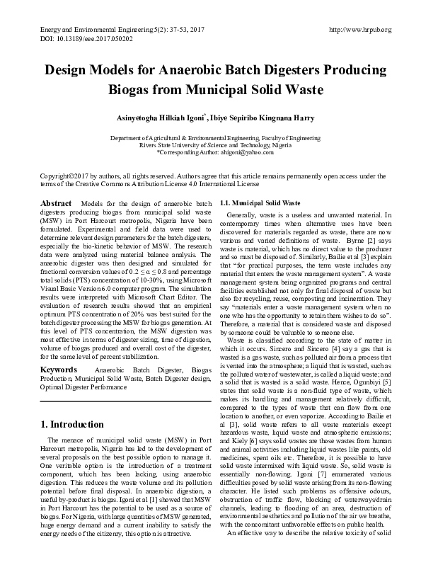 (PDF) Design Models for Anaerobic Batch Digesters Producing Biogas from ...