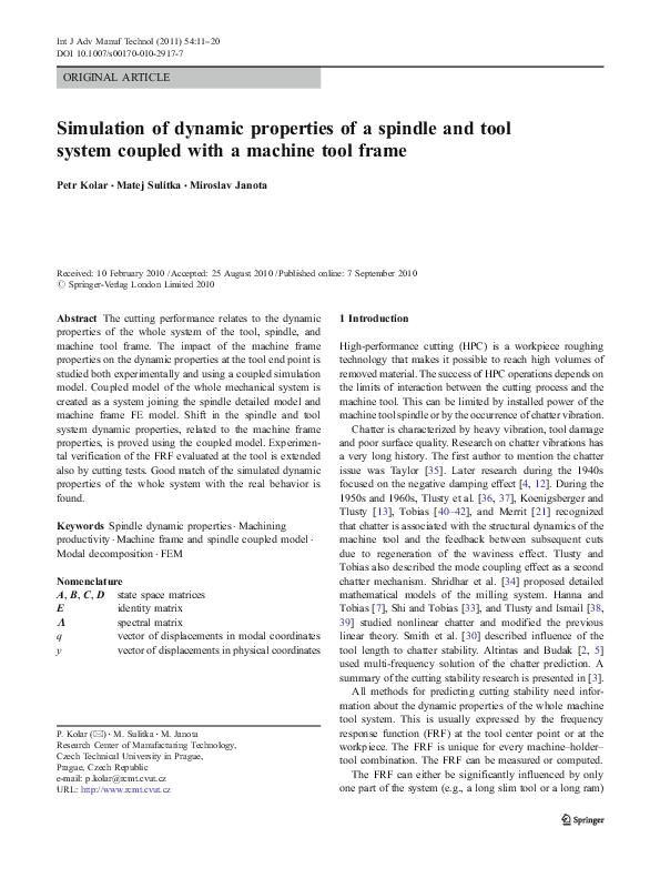 Pdf Simulation Of Dynamic Properties Of A Spindle And Tool System