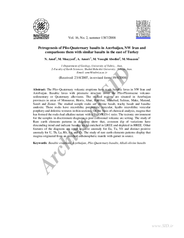 (PDF) Petrogenesis of Plio-Quaternary basalts in Azerbaijan, NW Iran ...
