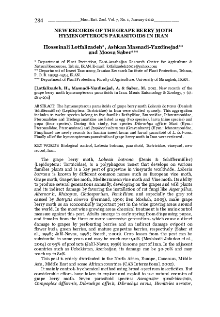 (PDF) New Records of the Grape Berry Moth Hymenopterous Parasitoids in Iran