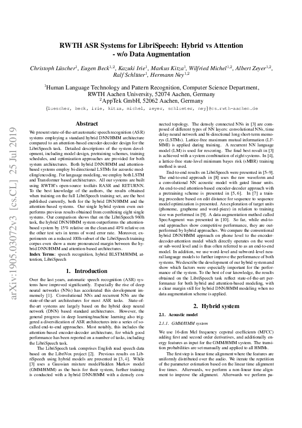 (PDF) RWTH ASR Systems for LibriSpeech: Hybrid vs Attention
