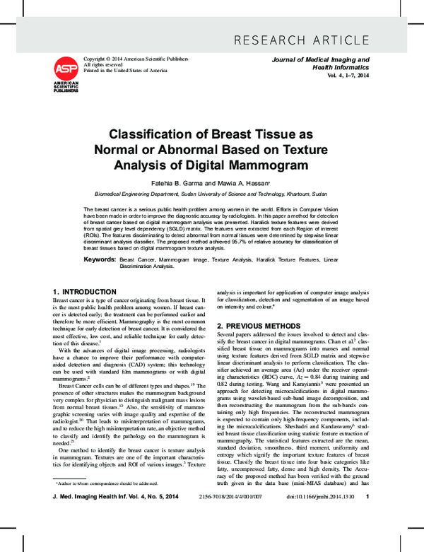 (PDF) Classification of Breast Tissue as Normal or Abnormal Based on Texture Analysis of Digital ...