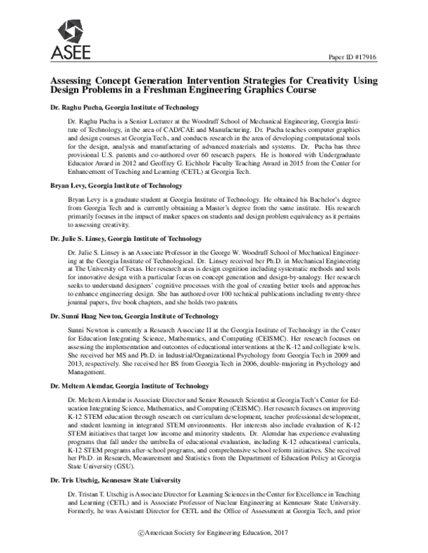 (PDF) Assessing Concept Generation Intervention Strategies for Creativity Using Design Problems ...