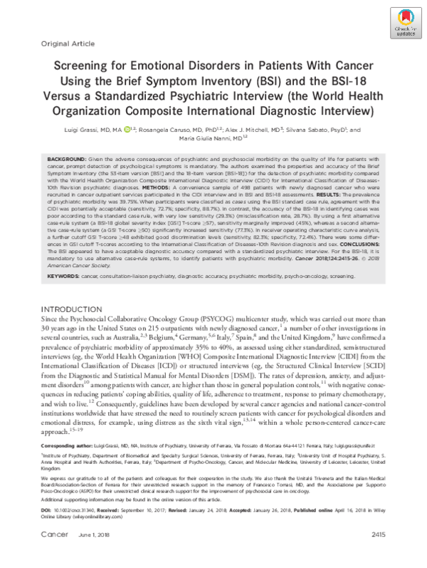 (PDF) Screening for emotional disorders in patients with cancer using the Brief Symptom ...