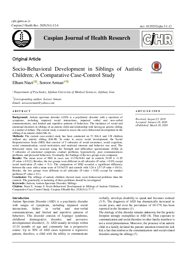 (PDF) Socio-Behavioral Development in Siblings of Autistic Children; A ...