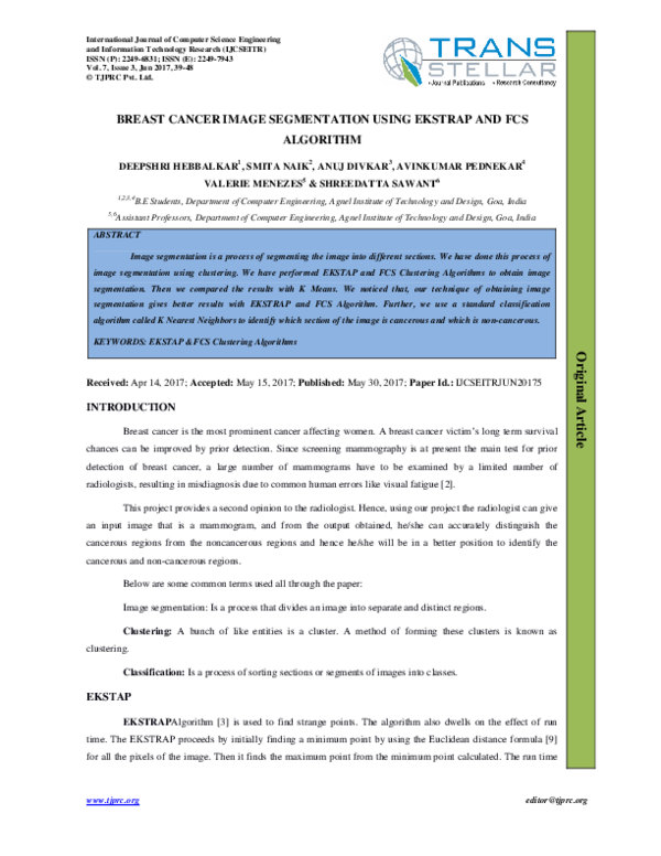 (PDF) Breast Cancer Image Segmentation using Ekstrap and FCS Algorithm | Deepshri Hebbalkar ...