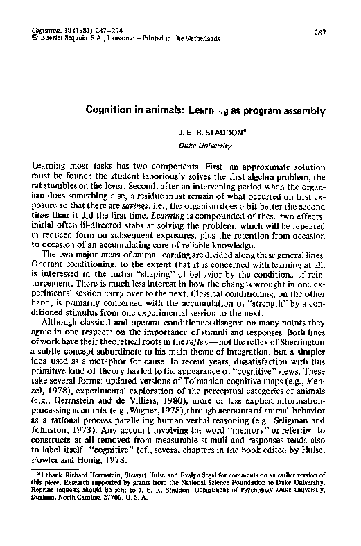 (PDF) Cognition in animals: Learning as program assembly
