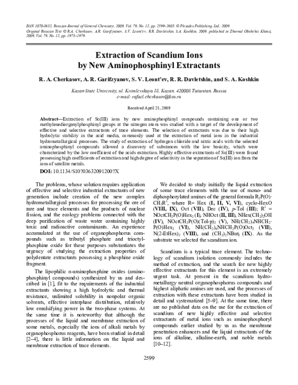 (PDF) Extraction of scandium ions by new aminophosphinyl extractants