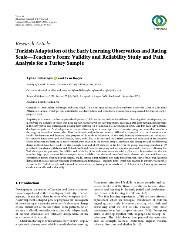(PDF) Turkish Adaptation of the Early Learning Observation and Rating ...