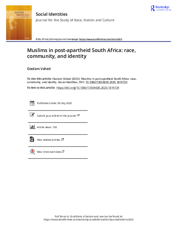 (PDF) Muslims in post-apartheid South Africa: race, community, and ...
