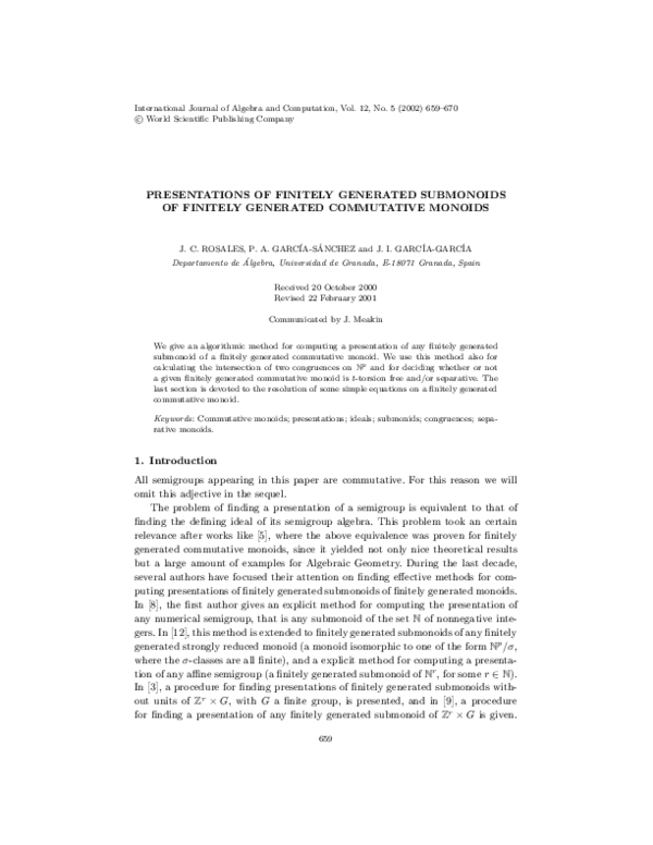Pdf Presentations Of Finitely Generated Submonoids Of Finitely Generated Commutative Monoids