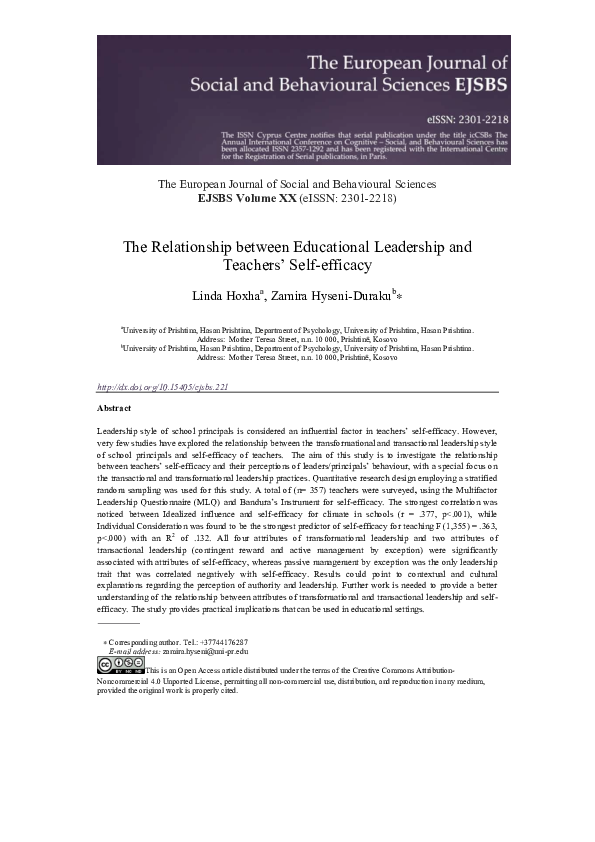 (PDF) The Relationship between Educational Leadership and Teachers’ Self-efficacy
