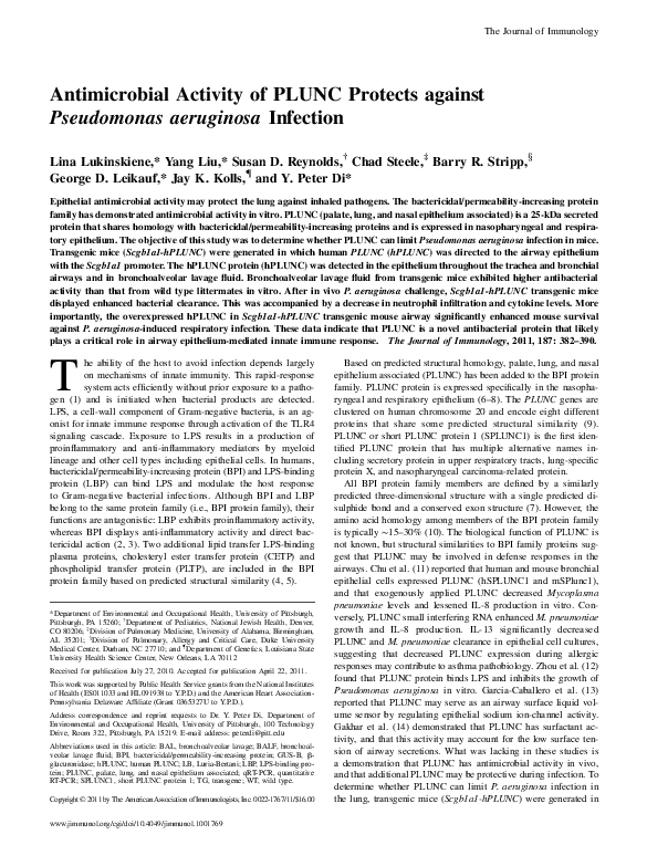 (PDF) Antimicrobial Activity of PLUNC Protects against Pseudomonas ...