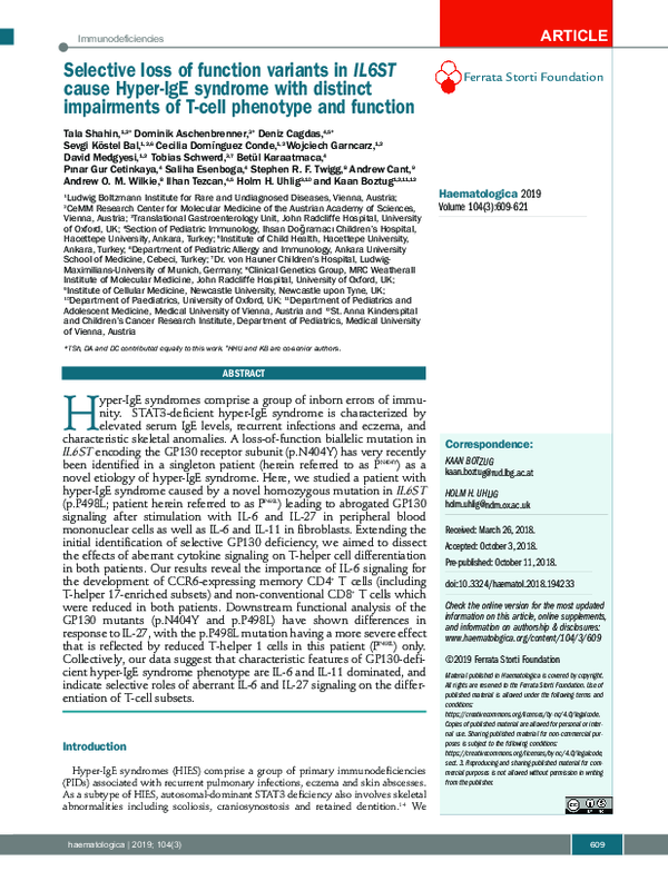 Selective loss of function variants in IL6ST cause Hyper-IgE Syndrome ...