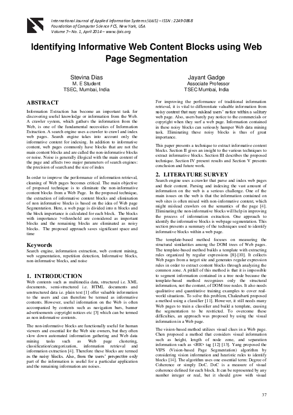 Pdf Identifying Informative Web Content Blocks Using Web Page Segmentation Jayant Gadge