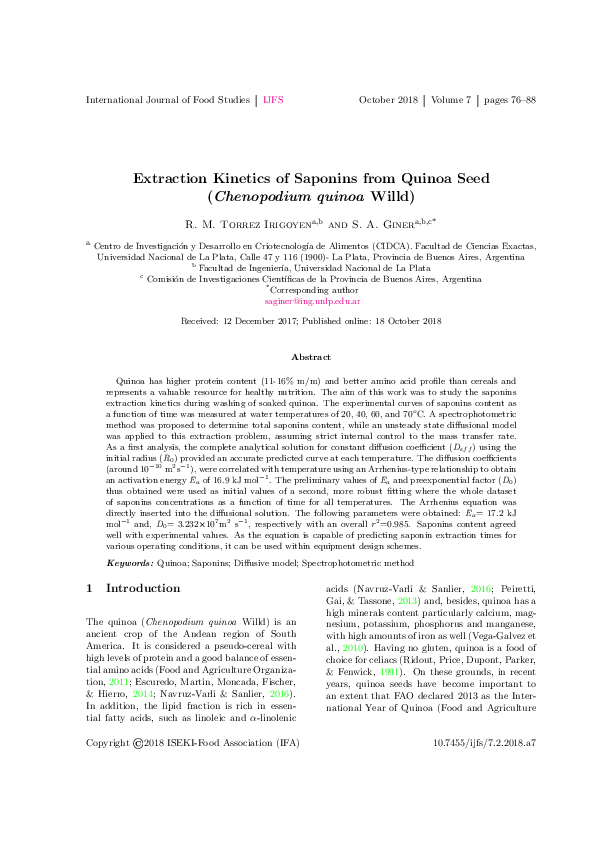 (PDF) Extraction kinetics of saponins from quinoa seed (Chenopodium ...