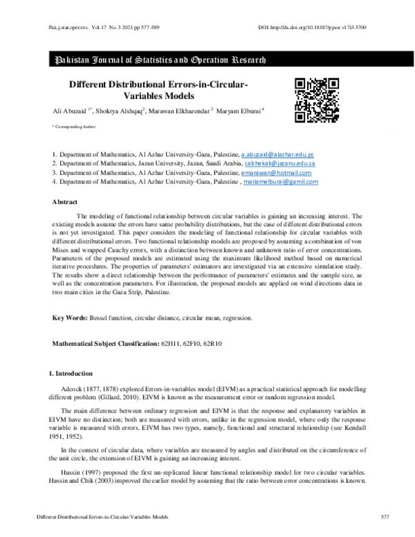 Pdf Different Distributional Errors In Circular Variables Models