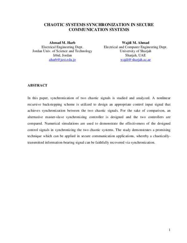 Pdf Chaotic Systems Synchronization In Secure Communication Systems