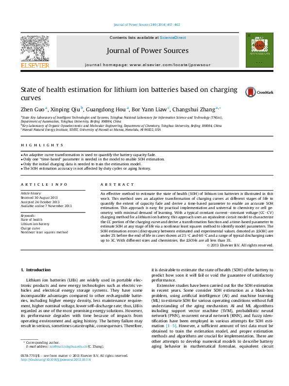 Pdf State Of Health Estimation For Lithium Ion Batteries Based On