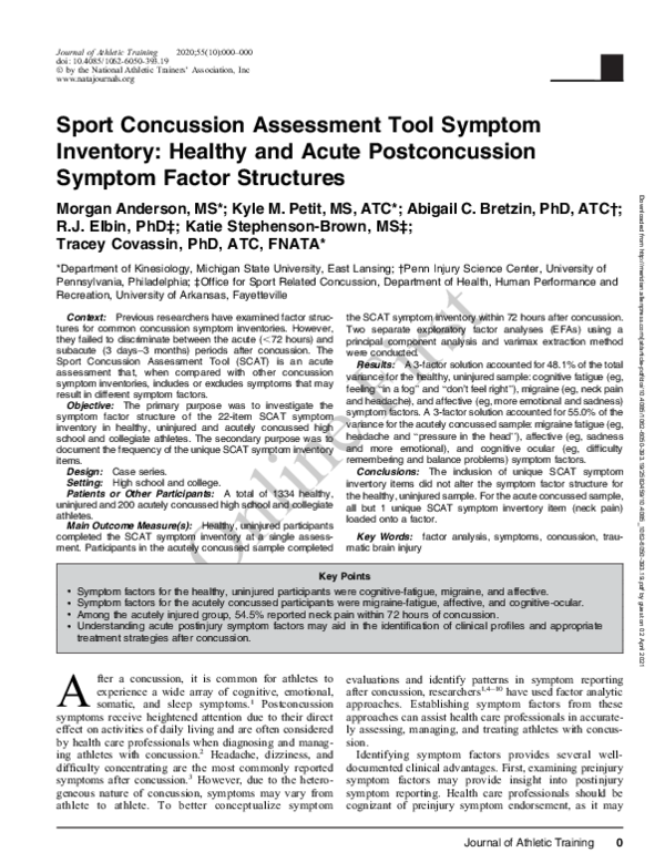 (PDF) Sport Concussion Assessment Tool Symptom Inventory: Healthy and ...