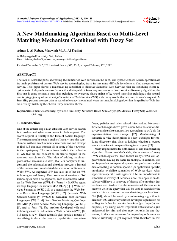 (PDF) A New Matchmaking Algorithm Based on Multi-Level Matching Mechanism Combined with Fuzzy Set
