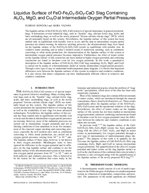 (PDF) Liquidus surface of FeO-Fe2O3-SiO2-CaO slag containing Al2O3, MgO ...