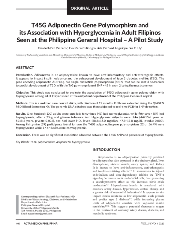 (PDF) T45G Adiponectin Gene Polymorphism and its Association with Hyperglycemia in Adult ...