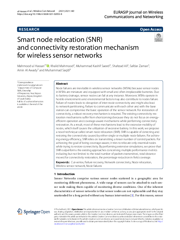 (PDF) Smart node relocation (SNR) and connectivity restoration mechanism for wireless sensor ...