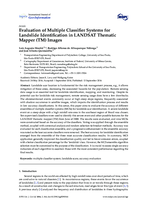 (PDF) Evaluation of Multiple Classifier Systems for Landslide Identification in LANDSAT Thematic ...