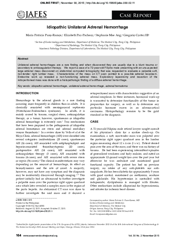 (PDF) Idiopathic Unilateral Adrenal Hemorrhage
