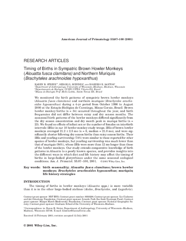 (PDF) Timing of births in sympatric brown howler monkeys (Alouatta ...