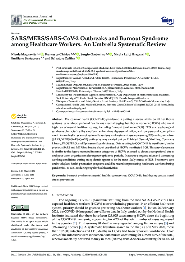 (PDF) SARS/MERS/SARS-CoV-2 Outbreaks and Burnout Syndrome among Healthcare Workers. An Umbrella ...