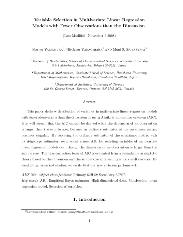 Pdf Variable Selection In Multivariate Linear Regression Models With 6986