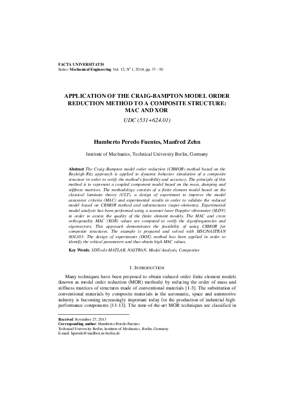 Application Of The Craig Bampton Model Order Reduction Method To A Composite Structure Mac And Xor