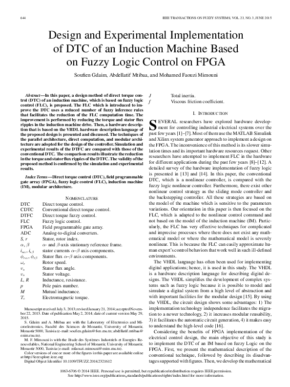 Pdf Design And Experimental Implementation Of Dtc Of Induction Machine Based On Fuzzy Logic