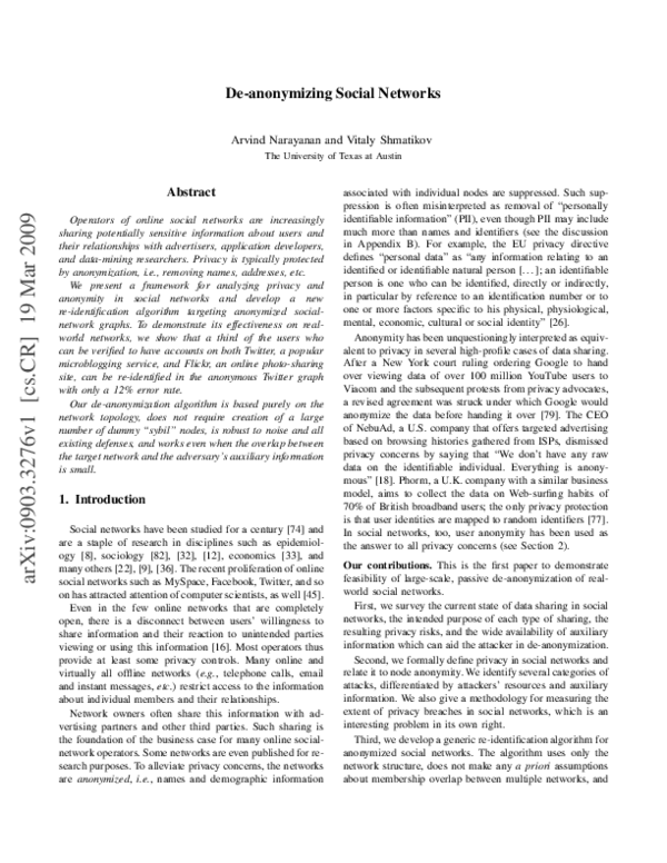 (PDF) De-anonymizing social networks