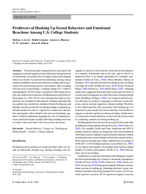 (PDF) Predictors of Hooking Up Sexual Behaviors and Emotional Reactions ...