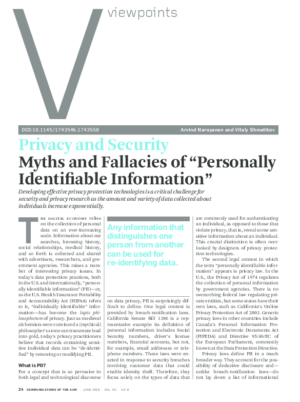 (PDF) Myths and fallacies of personally identifiable information