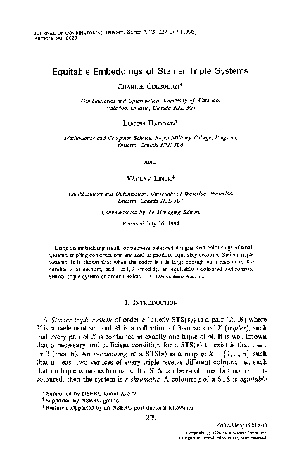 (PDF) Equitable embeddings of steiner triple systems