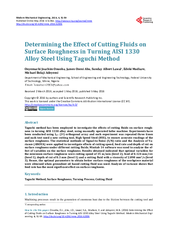 Pdf Determining The Effect Of Cutting Fluids On Surface Roughness In Turning Aisi 1330 Alloy