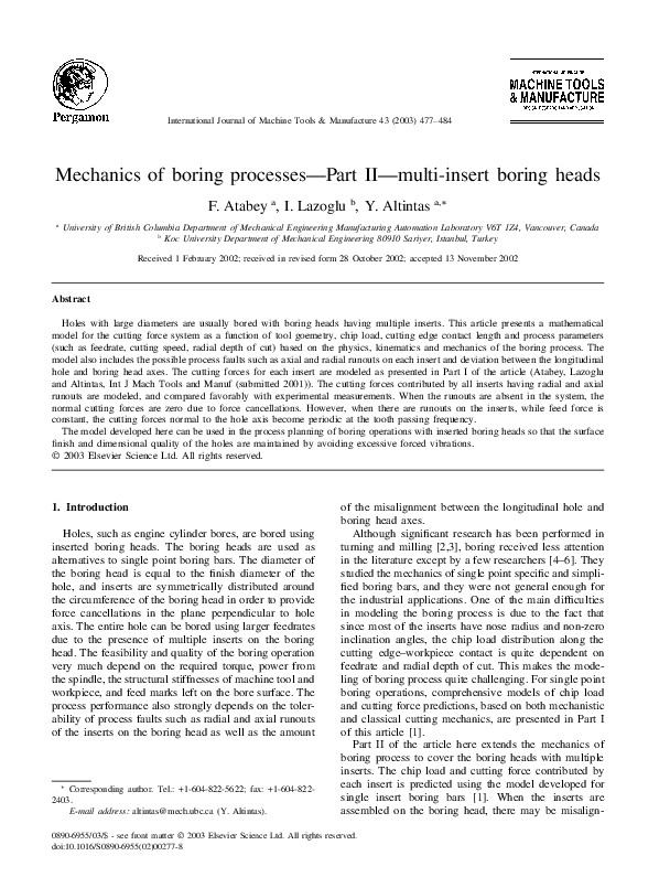 (PDF) Mechanics of boring processes—Part II—multi-insert boring heads