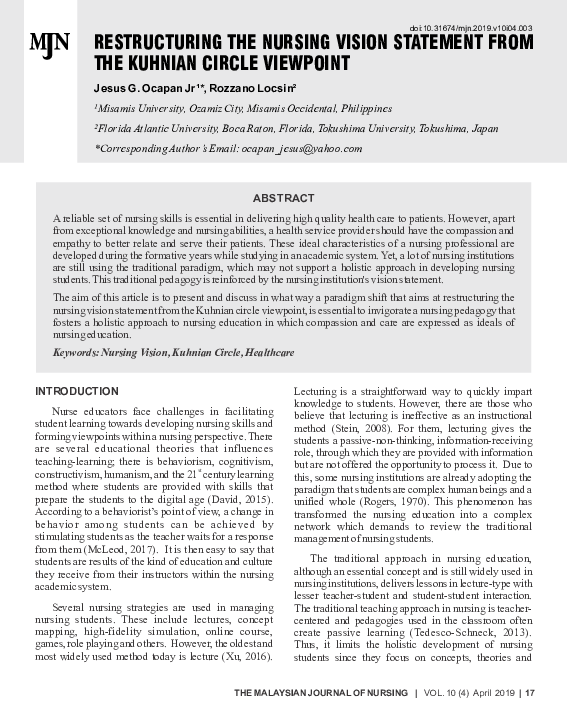 (PDF) Restructuring the Nursing Vision Statement from the Kuhnian ...