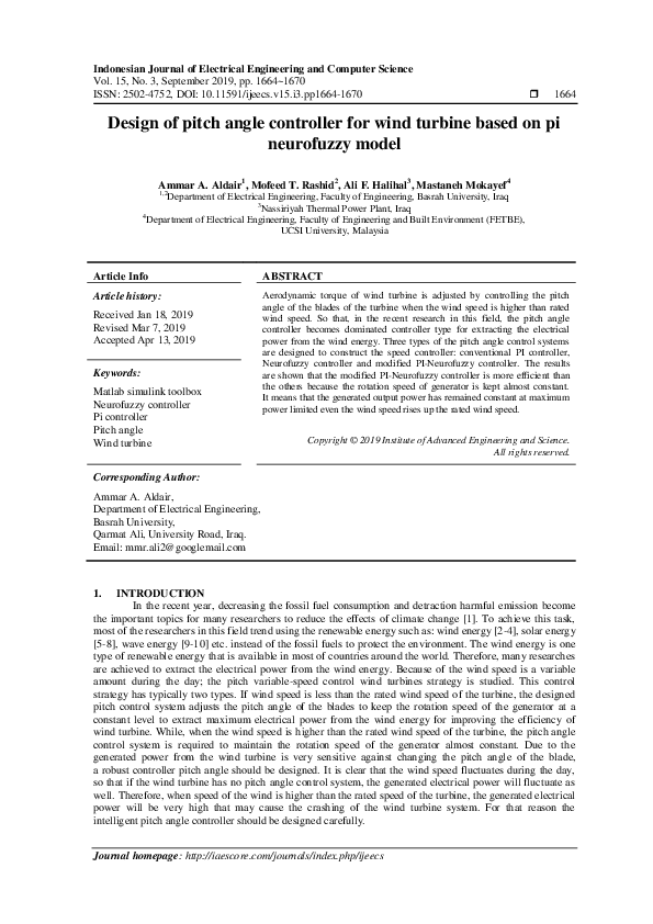 (PDF) Design of pitch angle controller for wind turbine based on pi ...
