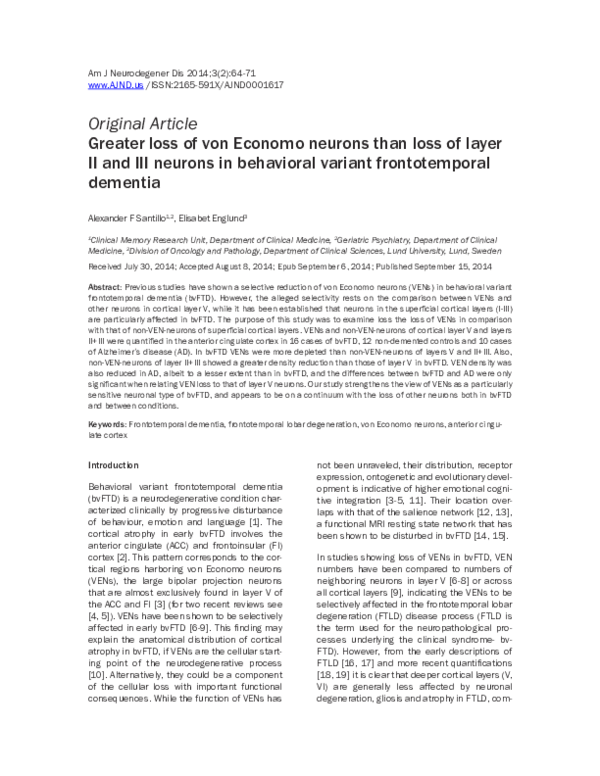 (PDF) Greater loss of von Economo neurons than loss of layer II and III ...