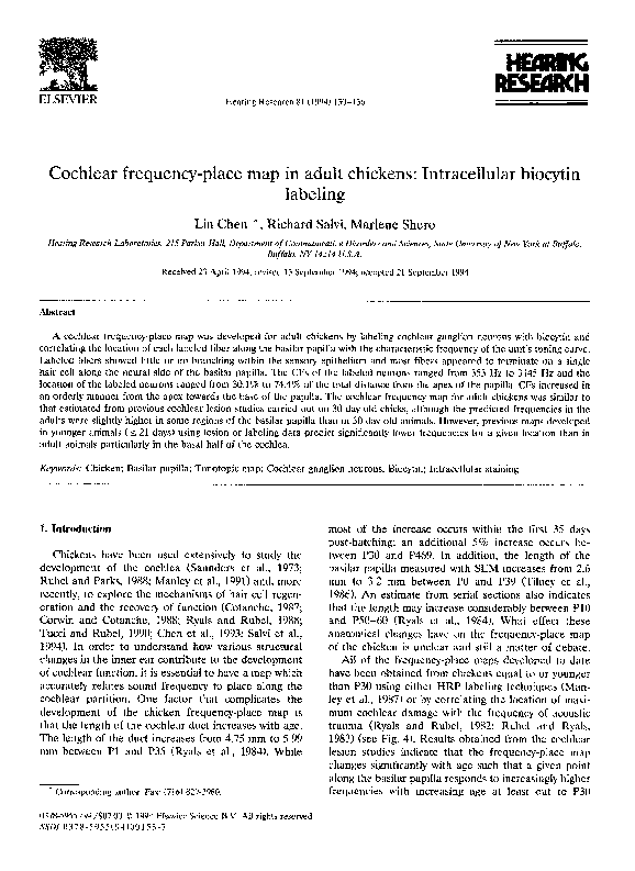 (PDF) Cochlear frequency-place map in adult chickens: Intracellular ...