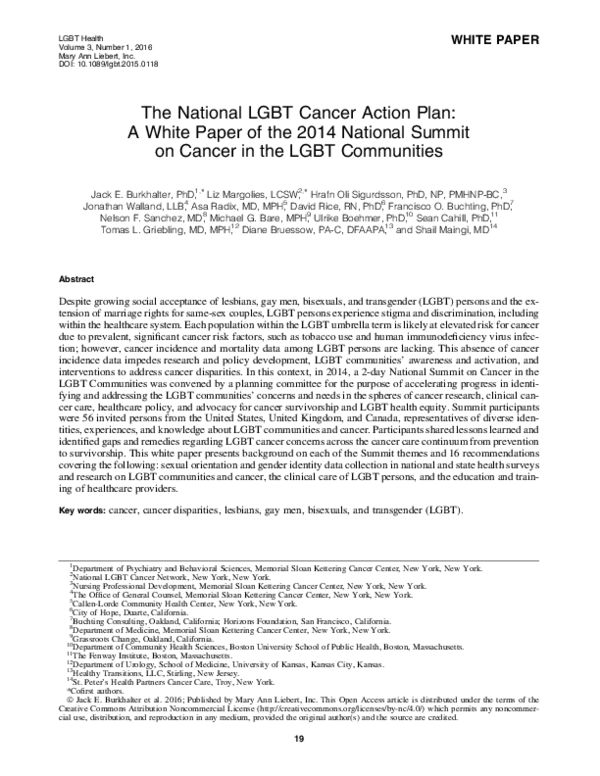 (PDF) The National LGBT Cancer Action Plan: A White Paper of the 2014 ...