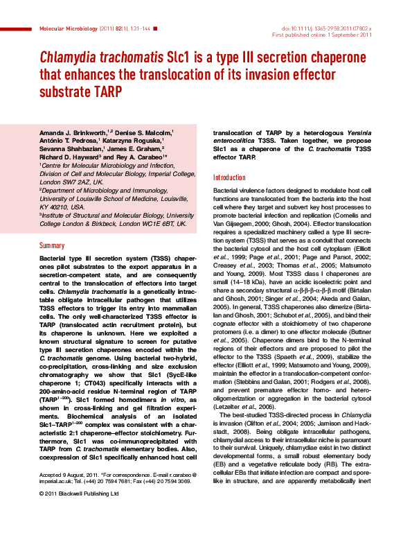 (PDF) Chlamydia trachomatis Slc1 is a type III secretion chaperone that ...