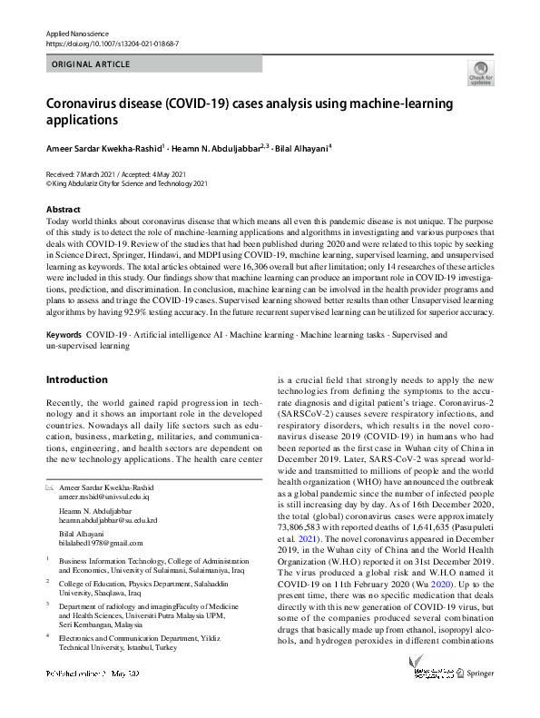 (PDF) Coronavirus disease (COVID-19) cases analysis using machine-learning applications